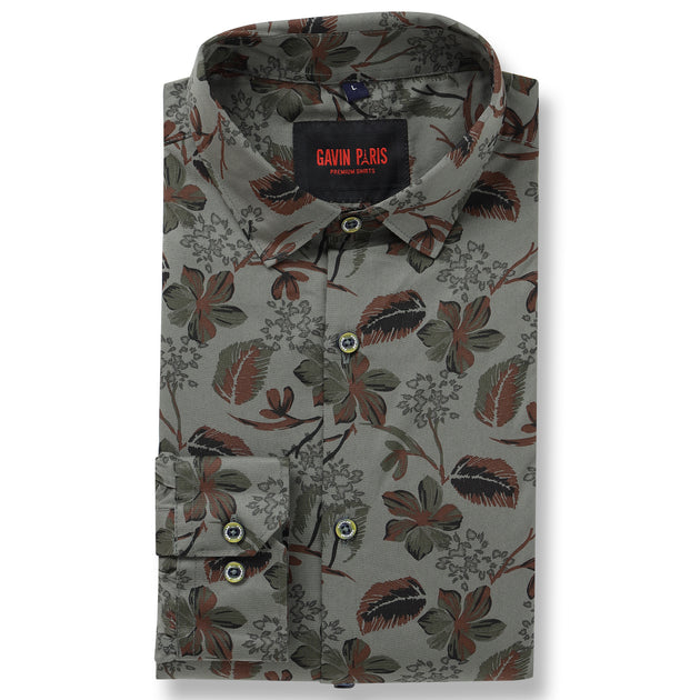 Gavin Paris Premium Full Sleeve Shirt - Olive Green with Autumn Leaf ...