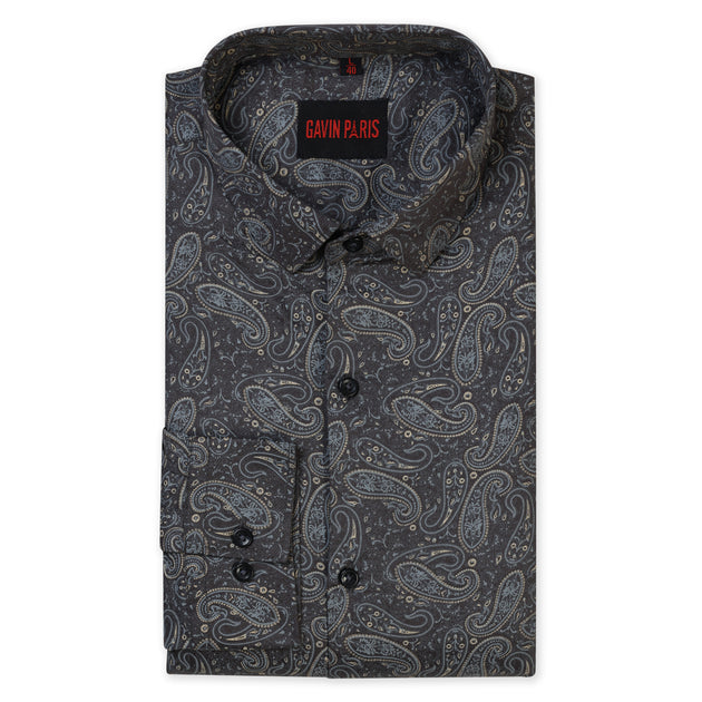 Dark Grey Paisley Print Slim Fit Men's Full Sleeve Shirt – gavin paris