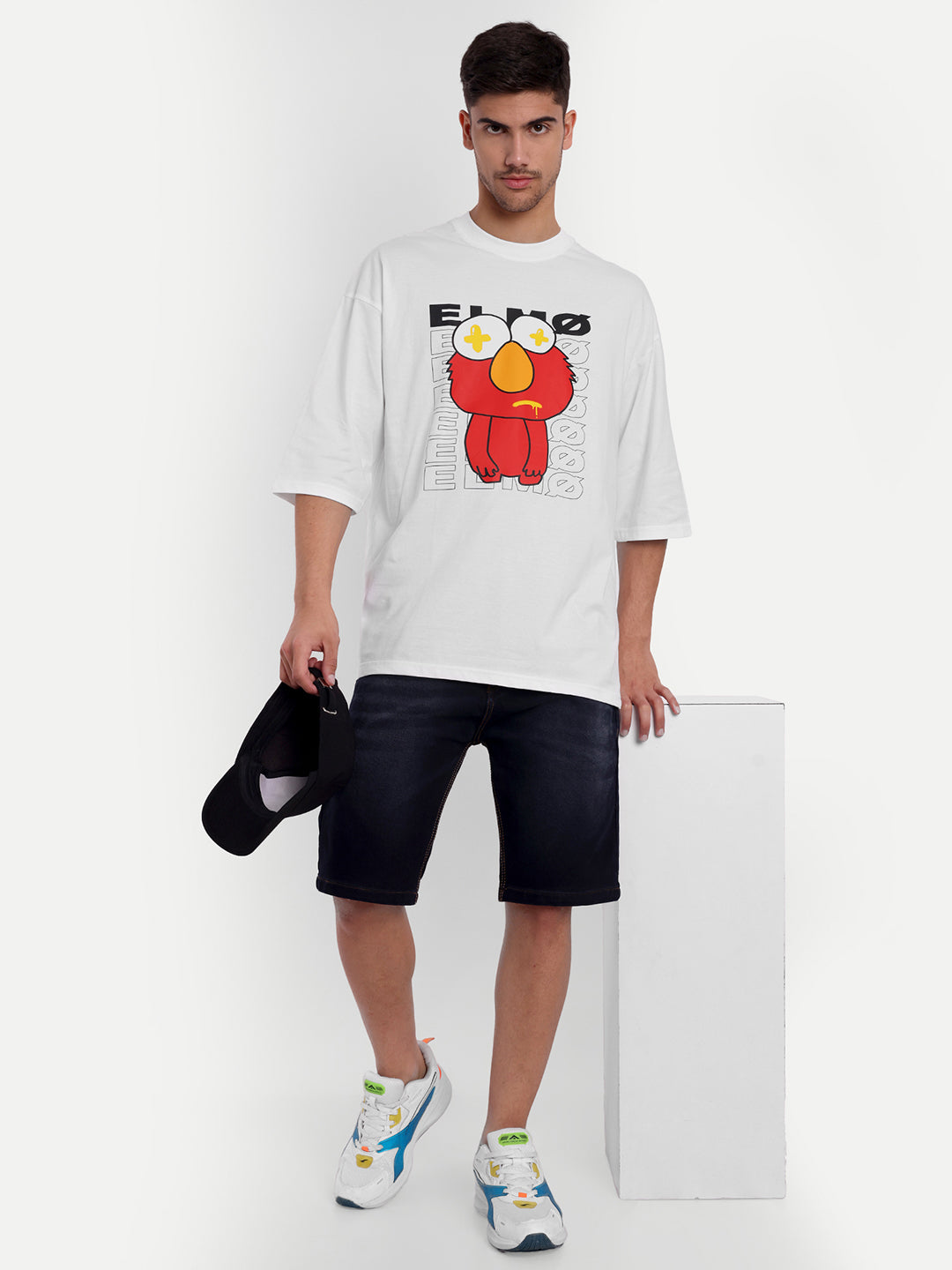 ELMO White Front Print Oversized Drop Shoulder Tee